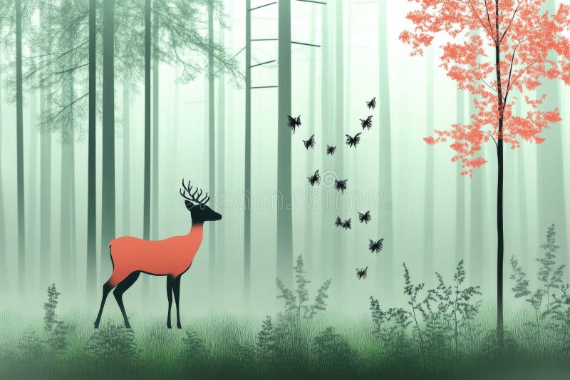 Minimalistic Forest Scene with Deer and Butterflies in Pastel Colors ...