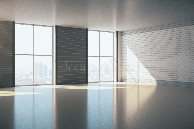 Minimalistic Gallery with Two Windows and Empty Brick Wall Stock ...