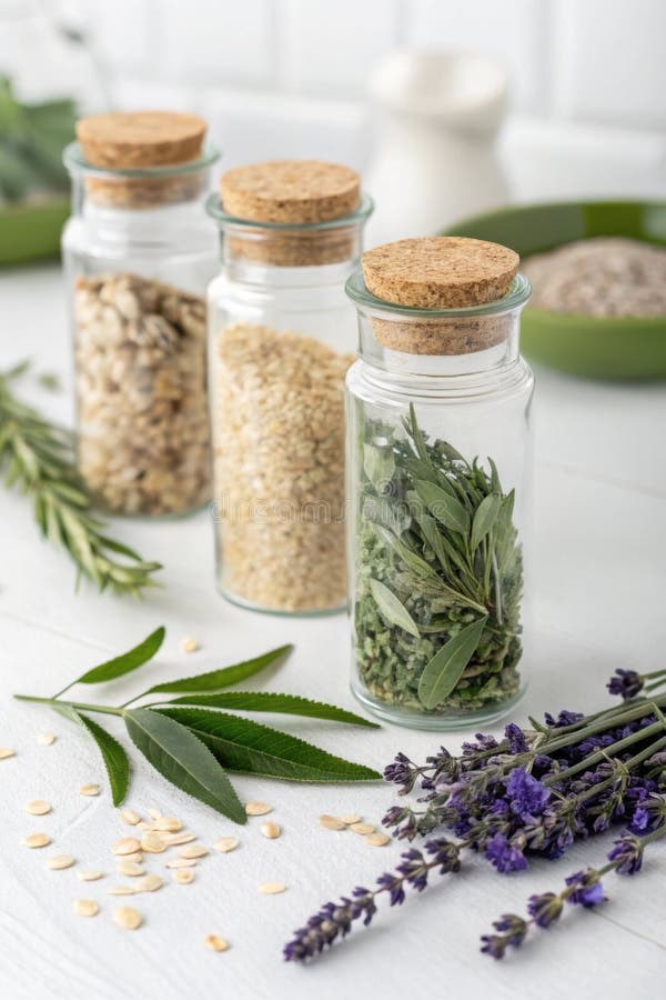 Minimalistic Glass Containers Showcasing Natural Herbs and Grains on a ...