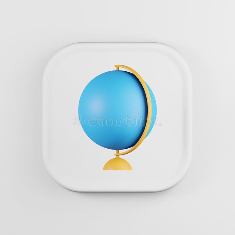 Minimalistic Globe Icon on Stand Cartoon Style. 3d Rendering White Square Key Button, Interface ...