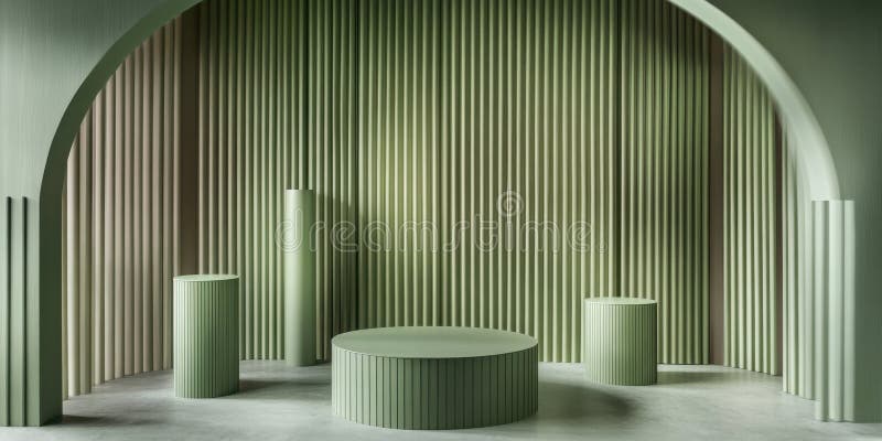 Minimalistic Green Interior with Cylindrical Structures and Arched ...