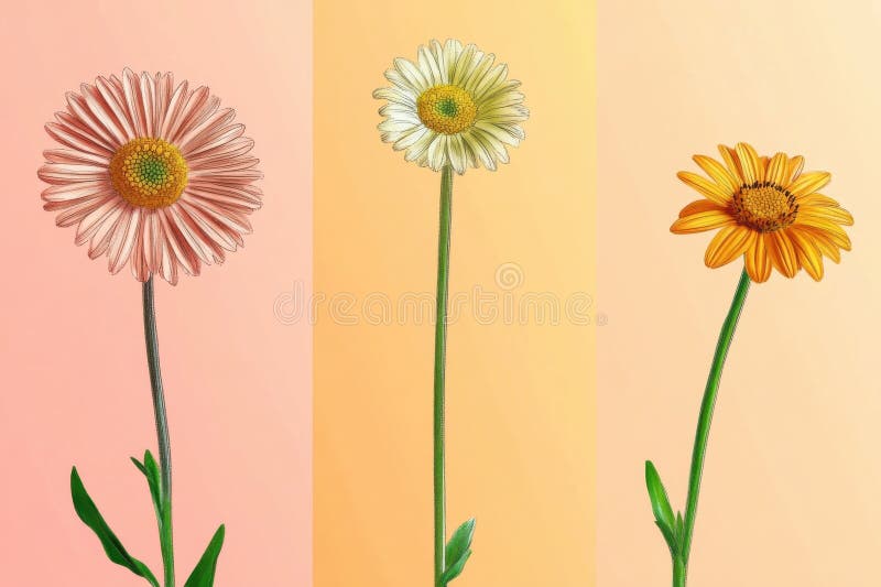 Minimalistic Hand Drawn Flower Art with Three Daisy Variations on ...