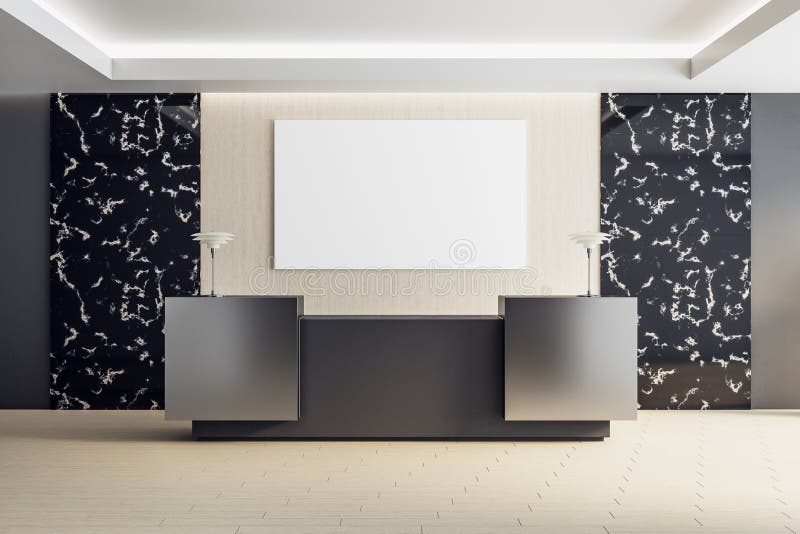 Minimalistic Hotel Hall with Reception Table and Blank Banner on Wall ...