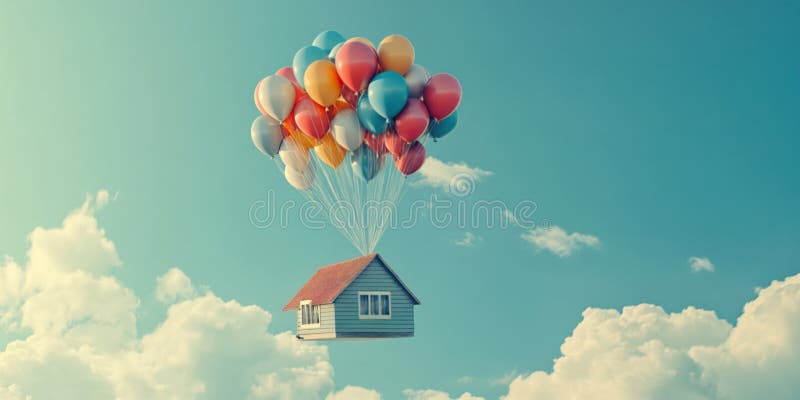 A Minimalistic House Flying with Balloons in the Sky Stock Illustration ...