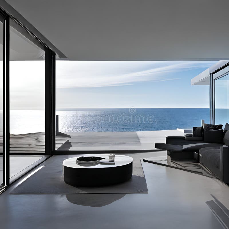 Minimalistic House Interior Design with View To the Ocean, Black and ...