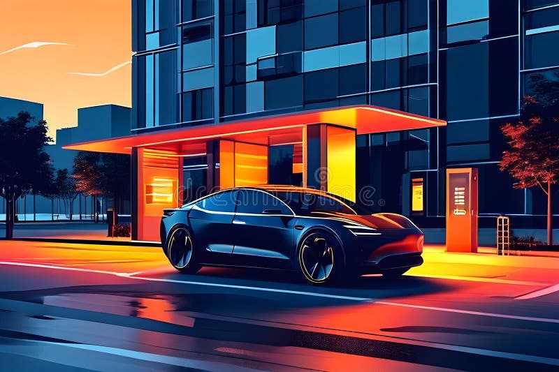 Minimalistic Illustration of an Electric Car Connected To a Charging ...