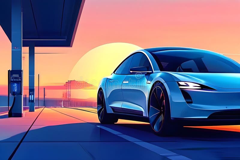 Minimalistic Illustration of an Electric Car Connected To a Charging ...