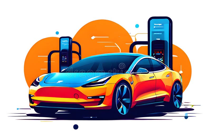 Minimalistic Illustration of an Electric Car Connected To a Charging ...
