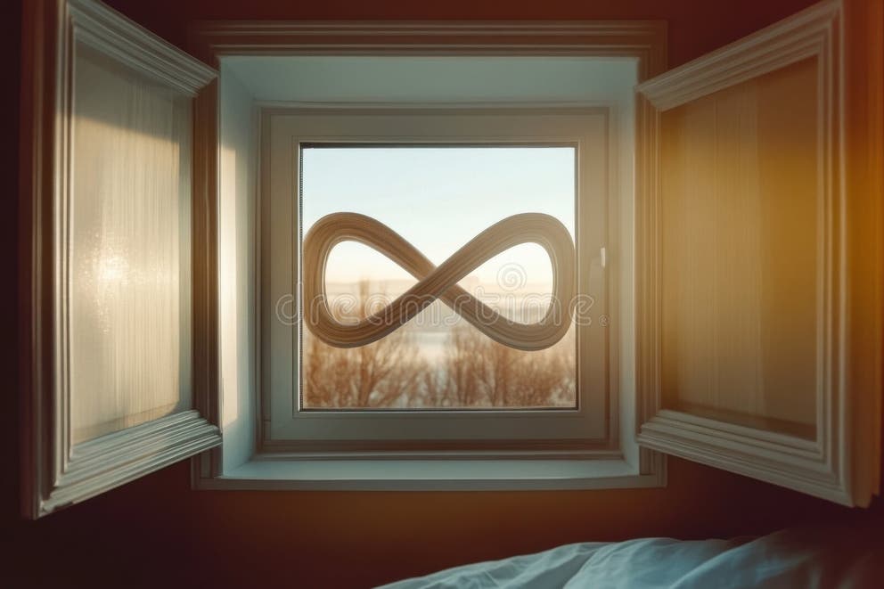 Minimalistic Infinity Symbol in Gold Framed by Open Window at Sunrise ...