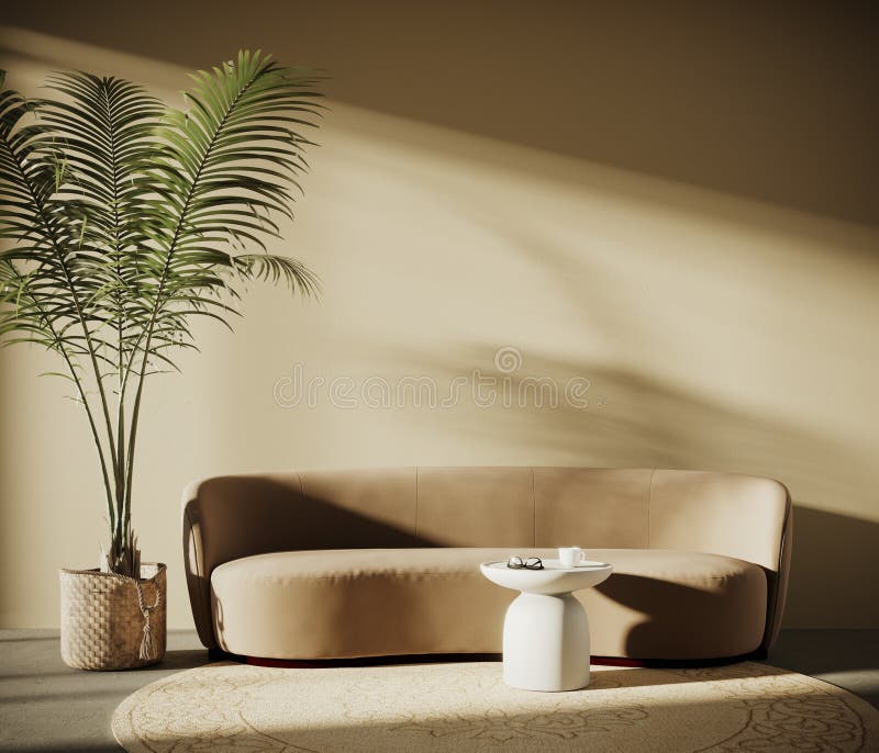 Minimalistic Interior. Beige Sofa with Empty Beige Wall Background with ...