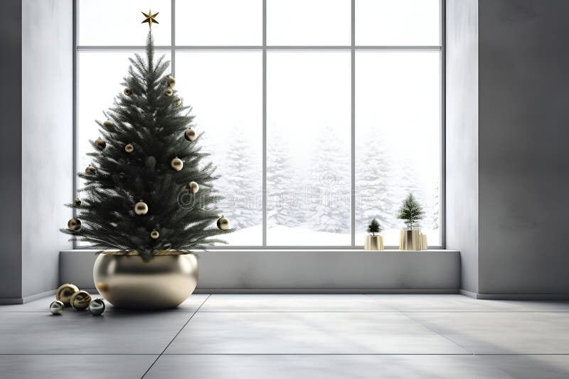 Minimalistic Interior with Big Window and Modest Christmas Tree Stock ...