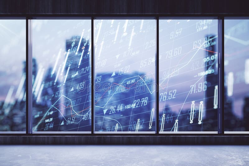 Minimalistic Interior with City View and Stock Chart on Windows Stock ...