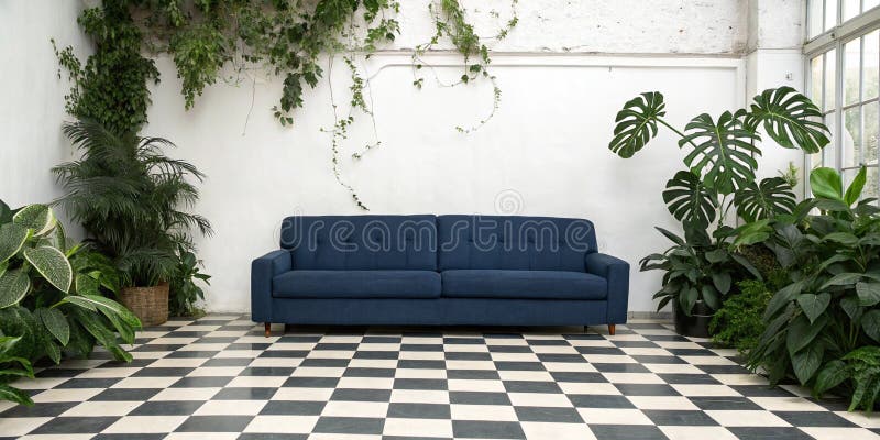 Minimal Style Interior with Big Dark Blue Couch Standing on a ...