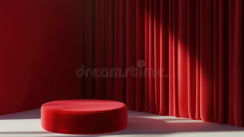 Minimalistic Interior Featuring a Round Red Ottoman and Curtains Stock ...