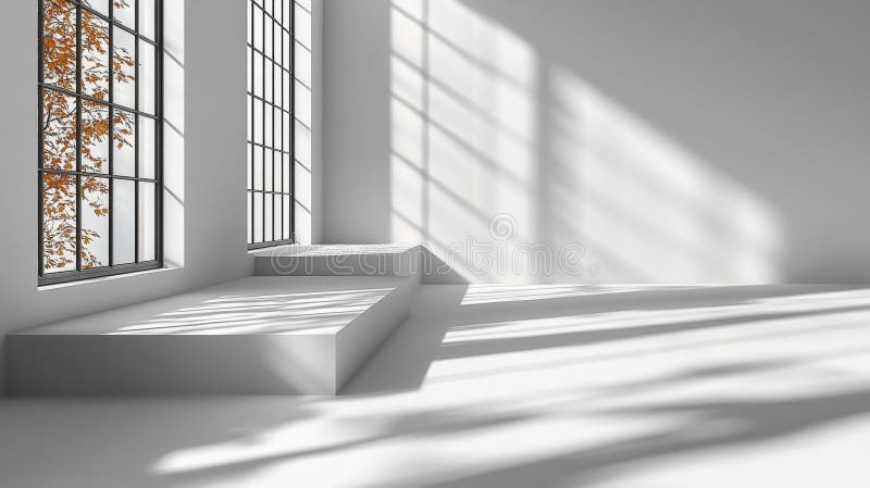 Minimalistic Interior with Large Windows and Shadows on a White Surface ...