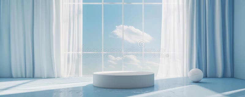 Minimalistic Interior with Light Blue Curtains, Large Windows, and a ...