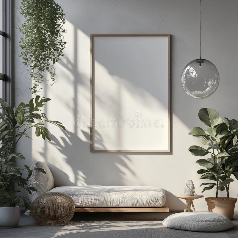 Minimalistic Interior Mockup with Empty Frame and Indoor Plants for ...