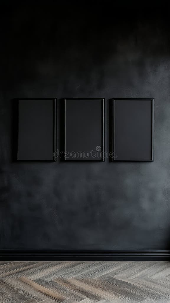 Minimalistic Interior with Three Empty Black Frames on Dark Wall Stock ...