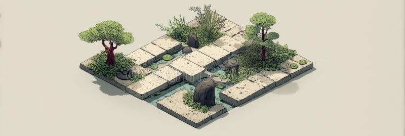 Minimalistic Isometric Zen Garden with Stone Paths Featuring Lush ...