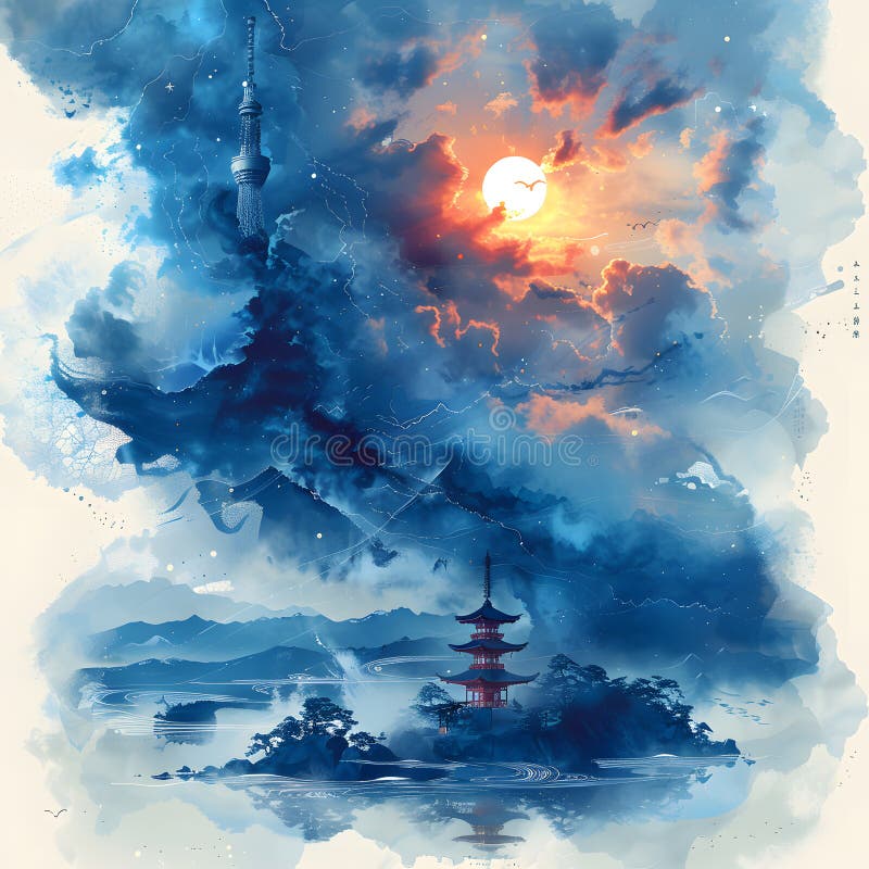 Minimalistic Japanese Map Illustration with Soft Blue Gradient Stock ...