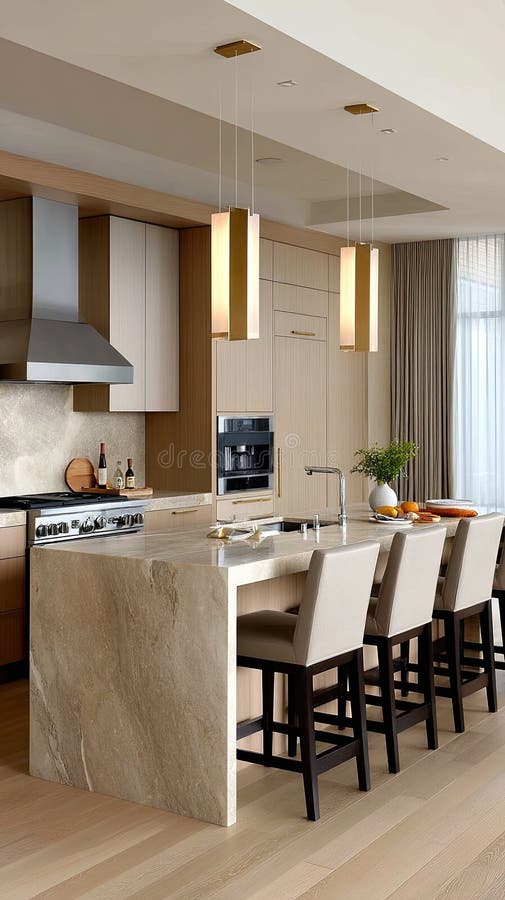 Minimalistic Kitchen Cabinet Features Light Oak Wood and Brass Hardware, Complemented by Elegant ...