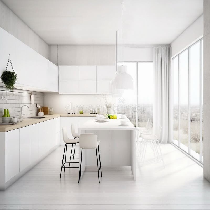 Minimalistic Kitchen Interior with Panoramic Windows and Light Shades ...