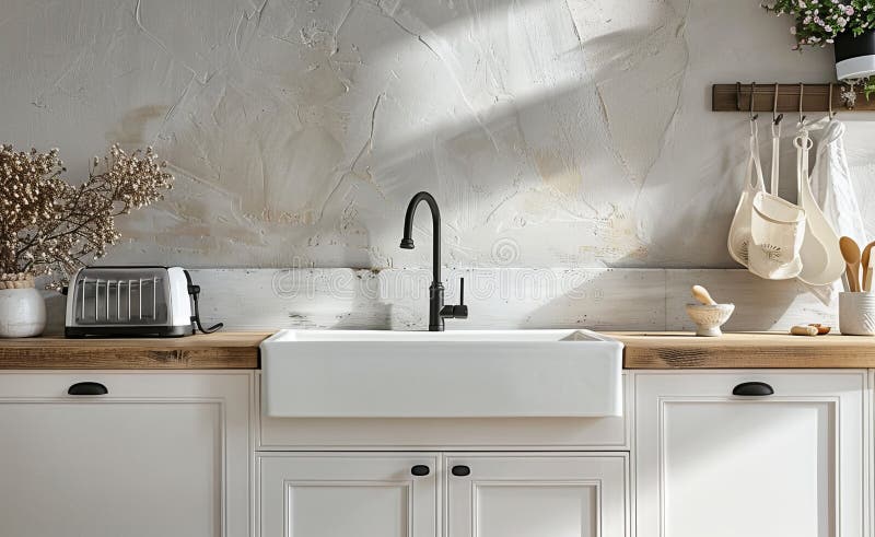 Minimalistic Kitchen Scene with White Cabinets, Farmhouse Sink, and ...