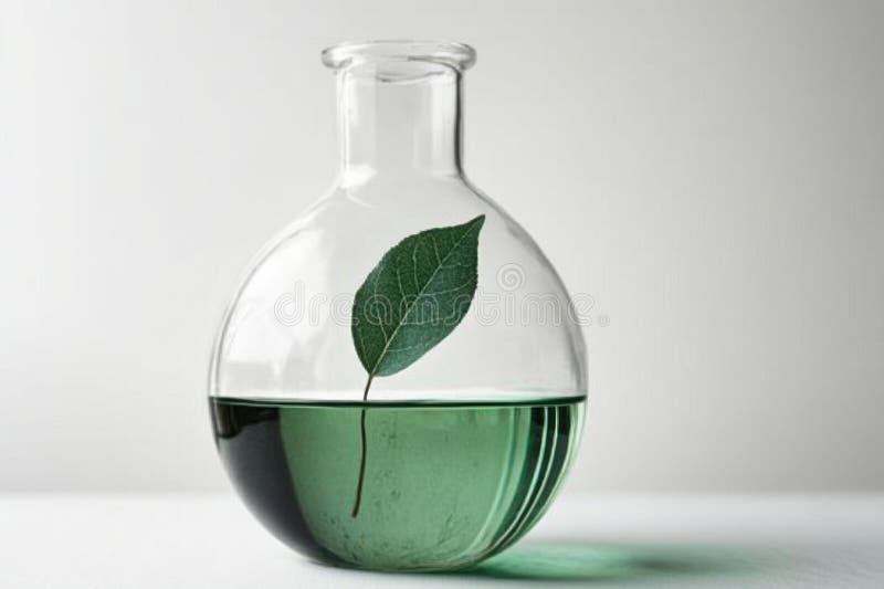 Minimalistic Lab Flask with Green Leaf and Liquid Concept Stock Photo ...