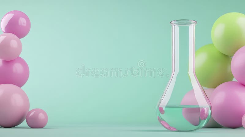 Laboratory Flask with Green Liquid and Spheres on a Mint Green Stock ...