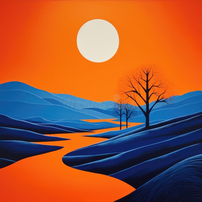 Minimalistic Landscape in Complementary Colors - Blue and Orange Stock ...