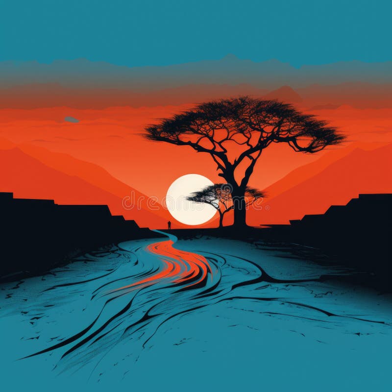 Minimalistic Landscape in Complementary Colors - Blue and Orange Stock ...