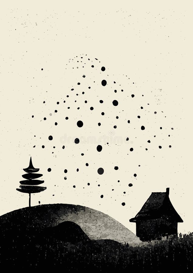 Minimalistic Landscape with Tree and Little House. Monochrome Vector ...