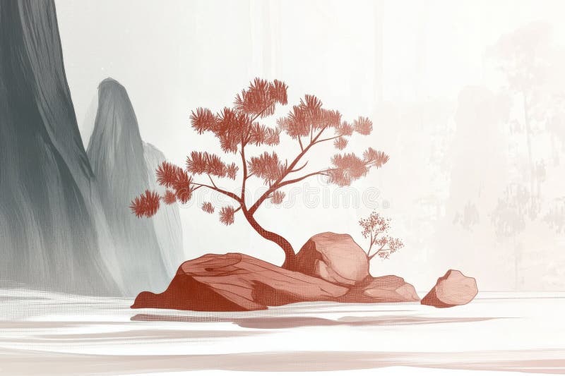 Minimalistic Landscape with Misty Mountains and Lone Tree Stock ...