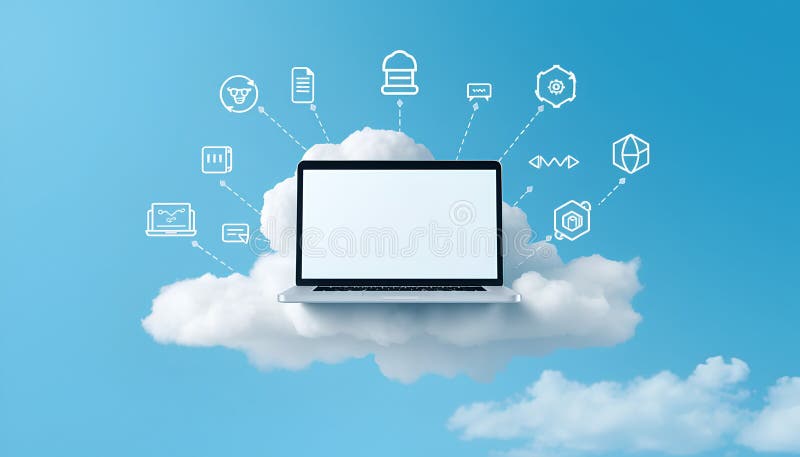 Minimalistic Laptop Floating in the Clouds, Surrounded by Digital Icons, Representing Cloud ...