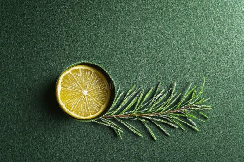 Minimalistic Lemon Slice with Pine Leaves on Green Texture for Creative ...