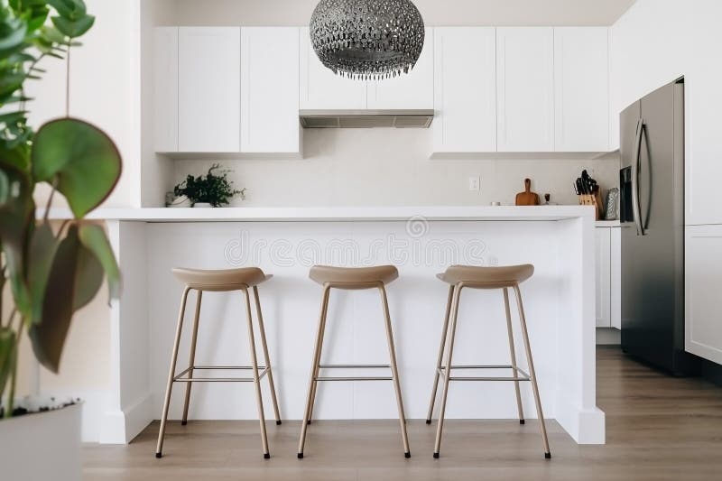 Minimalistic Light Interior of Modern Kitchen with Island and High ...