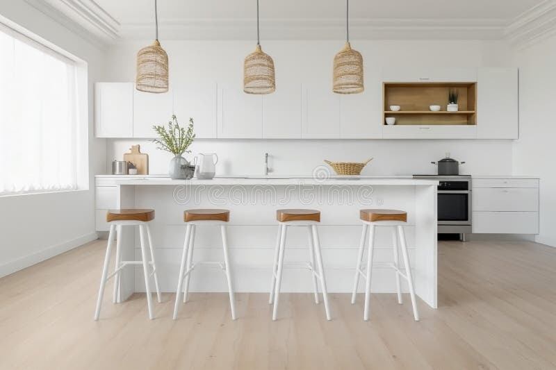 Minimalistic Light Interior of Modern Kitchen with Island and High ...