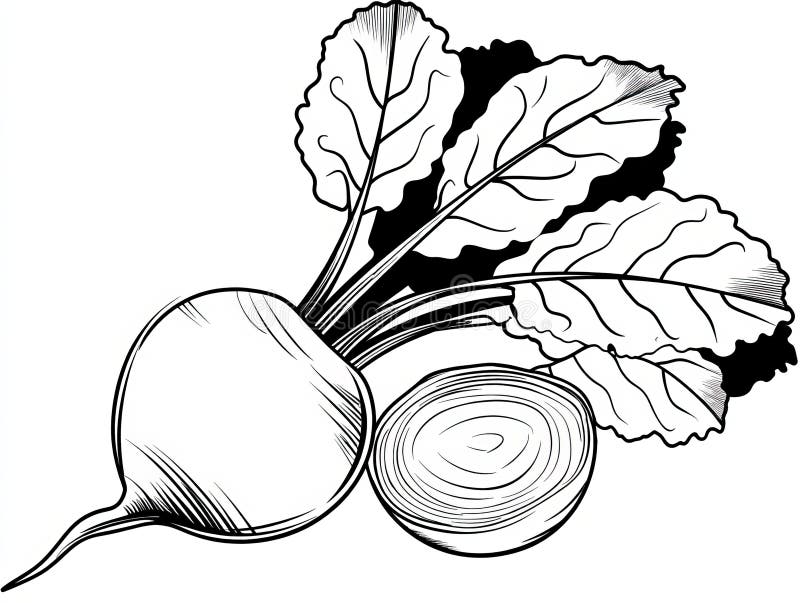 Minimalistic Line Art of Beetroot with Leaves and Slice Stock ...