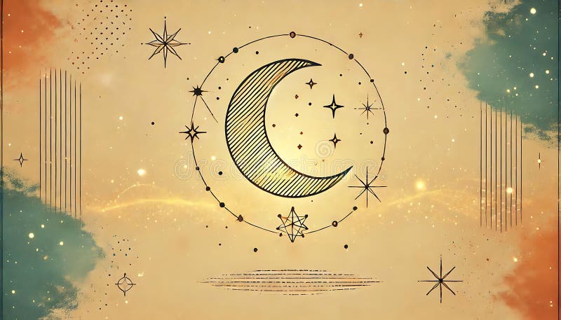 Minimalistic Line Art of Crescent Moon and Stars, Set on Glowing Yellow ...