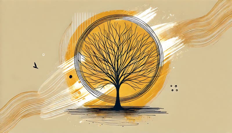 Minimalistic Line Art of Tree with Spreading Branches, Layered on ...