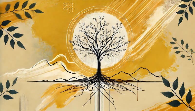 Minimalistic Line Art of Tree with Spreading Branches, Layered on ...