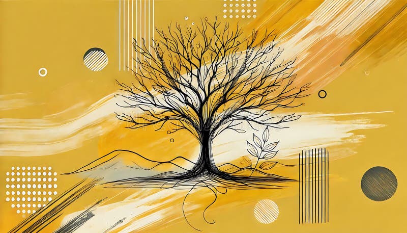 Minimalistic Line Art of Tree with Spreading Branches, Layered on ...