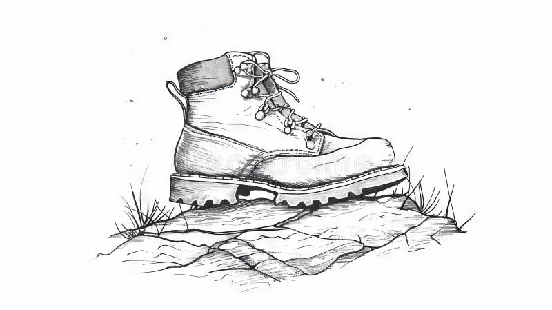 Minimalistic Line Drawing of a Hiking Boot on a Rocky Trail Stock ...