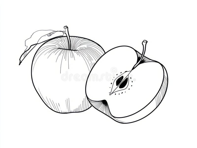 Minimalistic Line Drawing Showing Whole Apple and Apple Half Stock ...