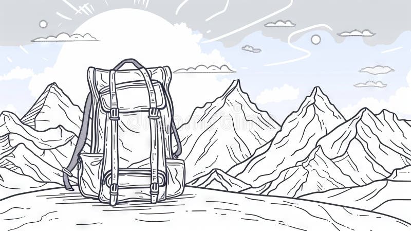 Minimalistic Line Drawing of a Traveler S Backpack Against a Mountain ...