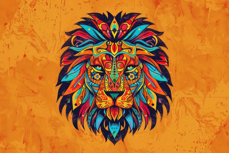 Minimalistic Lion Head Featuring Vibrant Tribal Patterns. Stock ...
