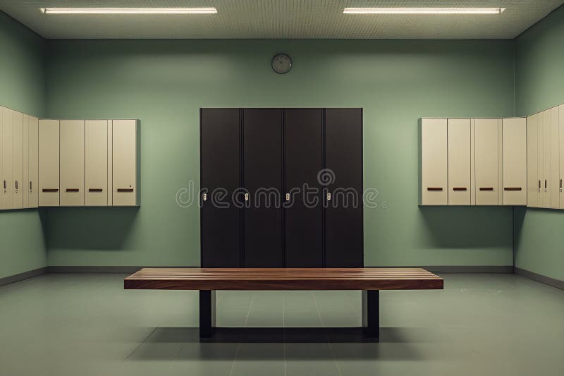 Modern Locker Room with Wooden Bench Stock Image - Image of changing ...