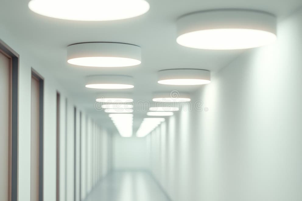 Minimalistic Long Corridor with Bright Circular Ceiling Lights, Modern ...