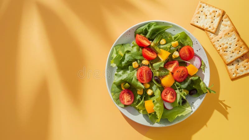 Minimalistic Lunch Scene with a Salad and a Side of Crackers Stock ...