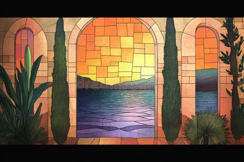 Minimalistic Mediterranean Landscape with Sunset View through Arched ...